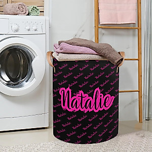 Personalized Laundry Basket, Custom Gift Laundry Hamper, Collapsible Nursery Waterproof Laundry Baskets, Dirty Clothes Toy Hamper with Handles Name Black Hot Pink