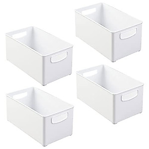 mDesign Plastic Storage Organizer Wide Container Bin with Handles for Bathroom, Home Organization - Holds Vitamins, Supplements, Makeup, Styling Tools - Ligne Collection - 4 Pack - White
