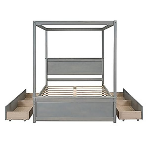 WADRI Modern Full Size Canopy Platform Bed with 4 Drawers, Wood Canopy Platform Bed with Support Slat, 4-Post Canopy Platform Bed Frame for Kids Teens Adult, No Box Spring Needed (Brushed Gray-3)