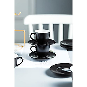 YHOSSEUN 3 Ounces Espresso Cups with Saucers Set, Porcelain Latte Cups and Metal Stand Demitasse Cups for Espresso, Latte, Cafe Mocha, Cappuccino and Tea, Set of 6, Black