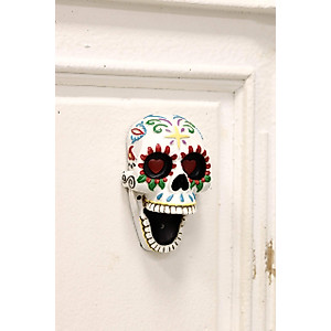 Ebros Gift Day of The Dead White Colorful Floral Exotic Mexican Sugar Skull Wall Mounted Bottle Opener Home And Kitchen Bar Accessory Figurine