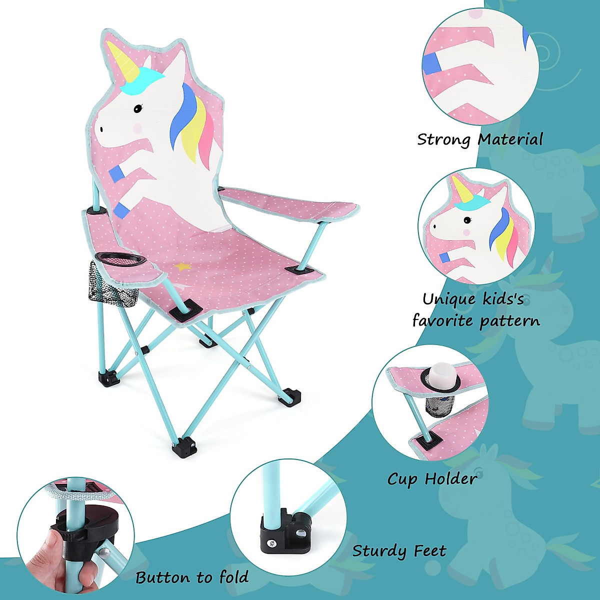 KABOER Unicorn Folding Chair with Cup Holder and Carrying Bag for Kids Children's Camping Outdoor Lawn Beach Travel