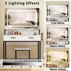 Fameill White Vanity Desk with Lights,Glass Top Makeup Vanity Table with Power Strip,Large Mirror Dressing Table Set with 2 Drawers and Hair Dryer Stand,35.4in(L)