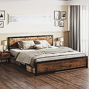 LIKIMIO King Bed Frame, Platform Bed Frame King with Industrial Wood Headboard and 12 Strong Support Metal Legs, Easy Assembly, Noise-Free, No Box Spring Needed