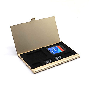 Secure Digital Memory Card Case,Ultrathin Mini Aluminum Waterproof Memory Card Carrying Case,Rustproof Compact Card SD Card Memory Card Protector Cover Storage,with 4 Micro SD & 2 SD Cards Slots(Gold)