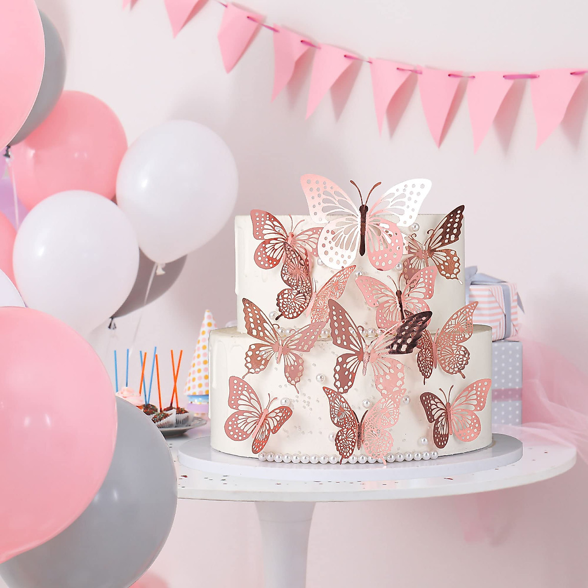 Gyufise 36 Pack Rose Gold Glitter 3D Butterfly Cupcake Toppers Hollow Butterfly Cake Decorations for Birthday Wedding Fairy Party Butterfly Wall Sticker Decal for Background Wall Decoration