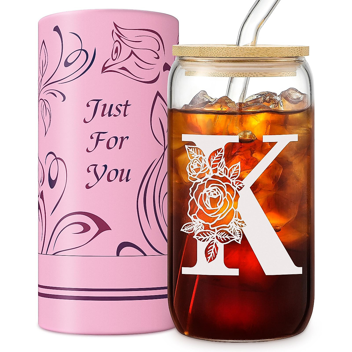 Monogrammed Gifts for Women, Personalized Gifts for Her Mom, Glass Cup with Bamboo Lids and Straws 16 oz, Iced Coffee Cup, Tea Cup, Cute Aesthetics custom Tumbler Cup, Mothers Day, Birthday Gifts - K