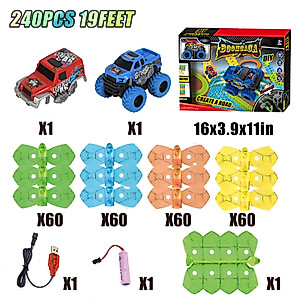 Race Track for Boys and Kids, 240PCS Flexible Changeable Magic Car Tracks Glow in The Dark, Toys for 3 4 5 6 Year Old Boys Girls with LED Light Up Race Car, Best Christmas Birthday Gifts