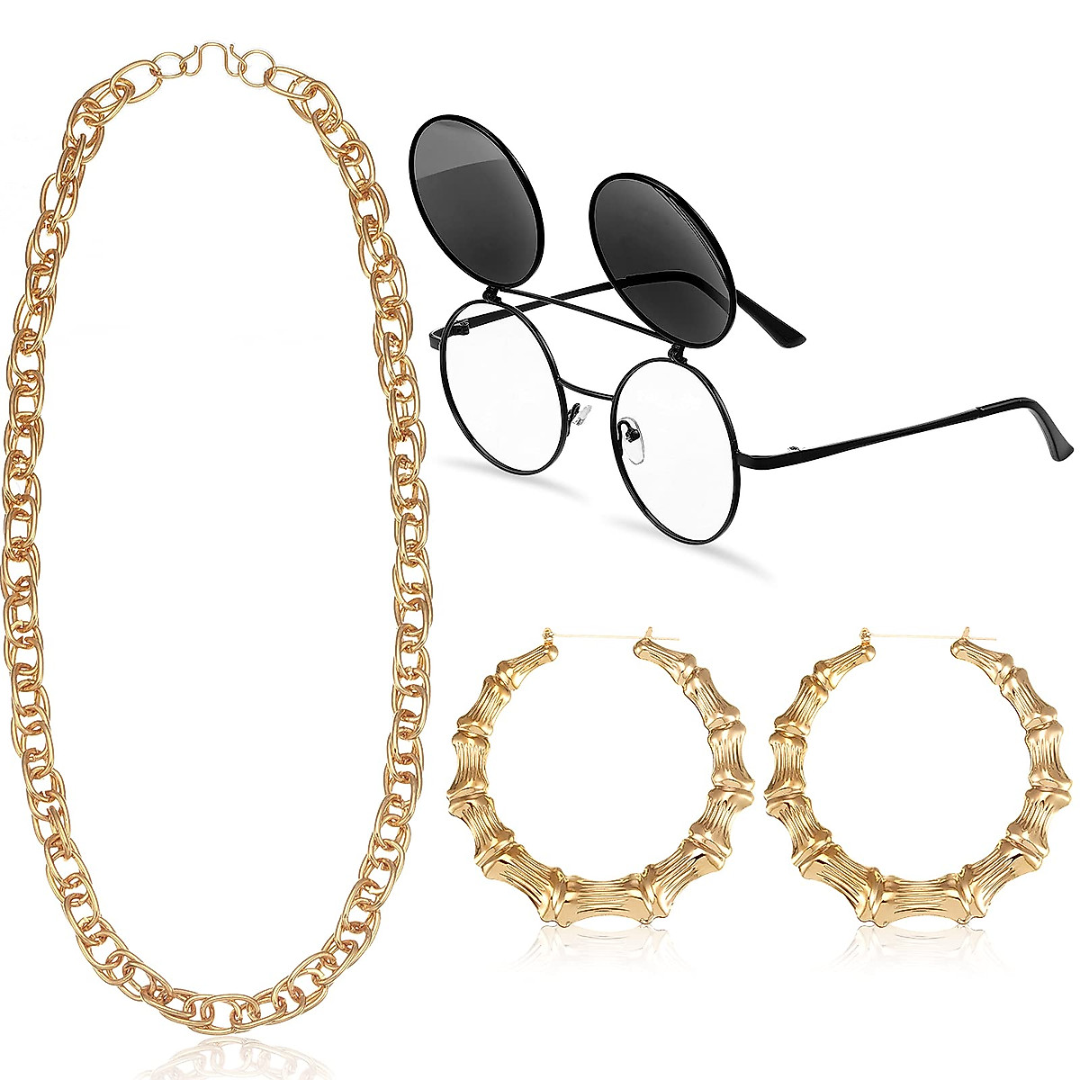 Hicarer 80s 90s Outfit Accessories for Women Men Hip Hop Costume Round Goggle Faux Gold Chain Earring Jewelry (Round Shape Earrings)