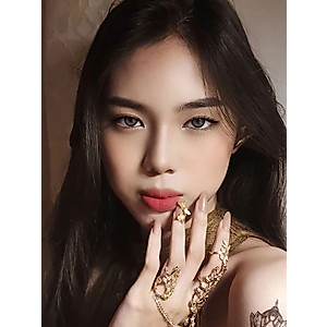 Full Finger Ring for Women Hand Chain Leaf Charm Finger Ring Bracelet with Chain Knuckle Open Long Finger Ring Hand Chains Adjustable Ring Bracelet Hand Chain Jewelry(Gold）