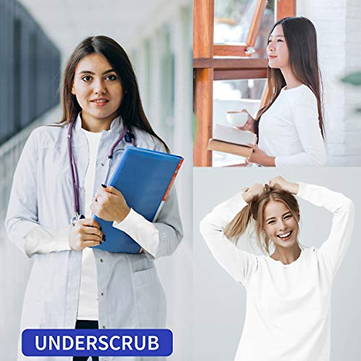 BaHoki Essentials Long Sleeve Undershirts for Scrubs - Great Stretch and Layering Piece - Multipurpose and Durable (White, M)