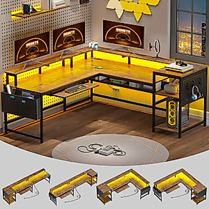 SEDETA L Shaped Computer Desk, Reversible Computer Desk, L Shaped Desk with Power Outlets & LED Strip, Monitor Shelf, Keyboard Tray, Pegboard and Storage Shelves for Home Office, Rustic Brown
