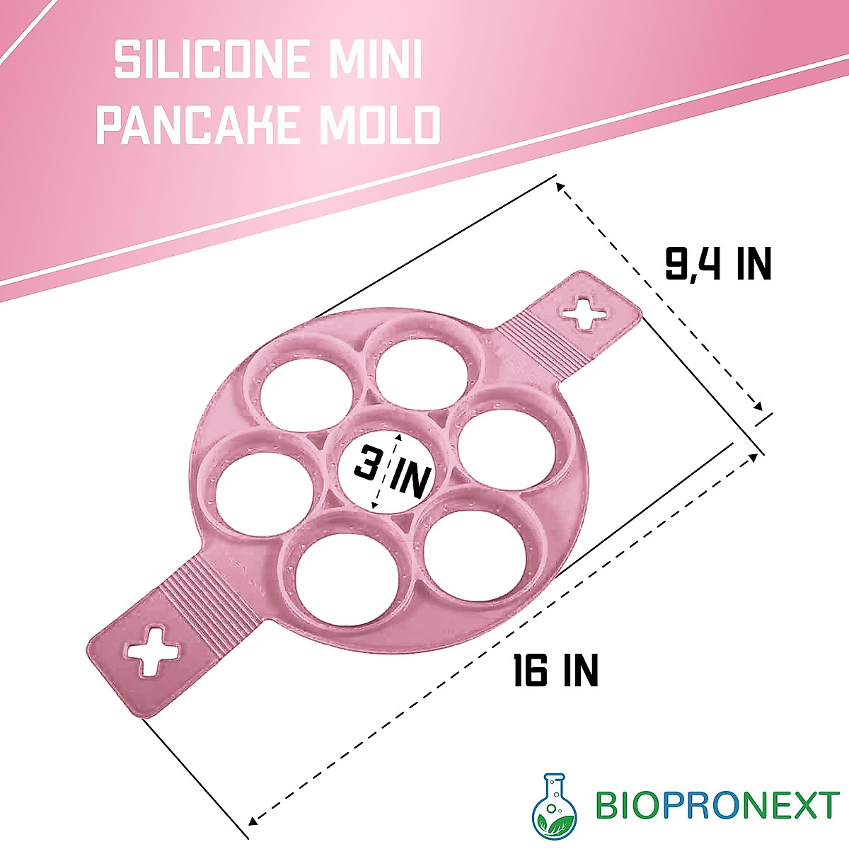 BIOPRONEXT Silicone Non Stick Pancake Maker - 7 Circles Mini Pancake Mold - Silicone Pancake Mold - Silicone Egg Rings for Griddle with Handles - Pancake Molds for Griddle Frying Eggs - Pink