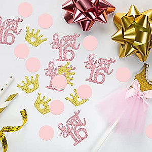Sweet 16 Confetti, Rose Gold Glitter Sweet 16, Gold Glitter Crown and Pink Circles Confetti, Sweet 16th Birthday Party Decorations, Sweet Sixteen Party Decorations, 300 Pcs