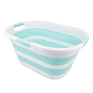 SAMMART 40L (10.5 gallon) Collapsible Plastic Laundry Basket - Foldable Pop Up Storage Container/Organizer - Portable Washing Tub - Space Saving Hamper/Basket (White/Lake Green)