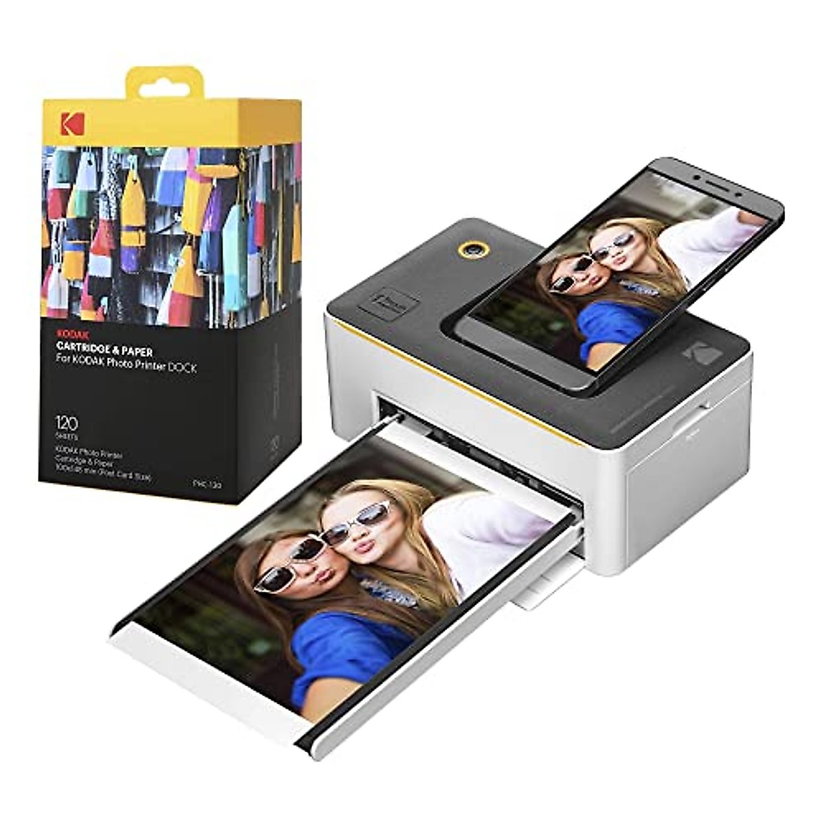 Kodak Dock Premium 4x6” Portable Instant Photo Printer (2022 Edition) Bundled with 130 Sheets | Full Color Photos, 4Pass & Lamination Process | Compatible with iOS, Android, and Bluetooth Devices