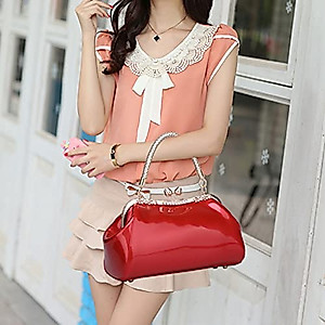 XingChen Glossy Patent Leather Handbag for Women Top Handle Tote Bag Evening Shoulder Bag Wedding Satchel Retro Purse Red