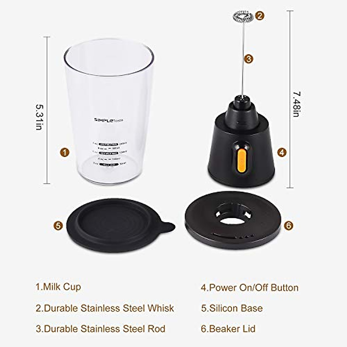 SIMPLETaste Electric Milk Frother, Automatic Battery Operated Foam Maker and Drink Mixer with Stainless Steel Whisk and Foamer Cup