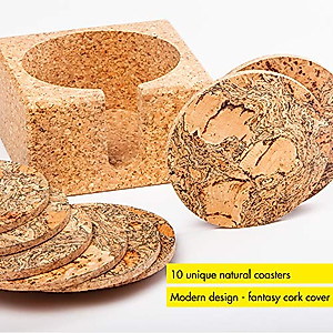 Natural Cork Coasters for Drinks – 10 Absorbent Drink Coasters with Matching Cork Holder That Doubles as a Bottle Coaster to Protect Tables and Countertops