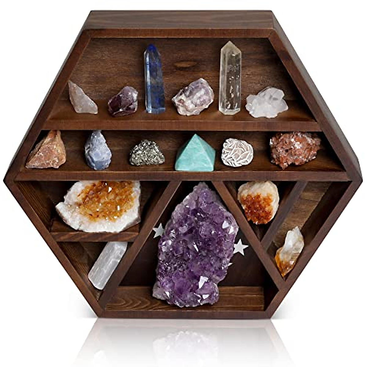 ENSO SENSORY Tsuki Crystal & Rock Display Shelf - Hexagon Floating Wall Shelves with Cresent Moon Design for Rocks, Crystals, Oils, Stones, Plants - Honeycomb Geometric Shape Home Decor