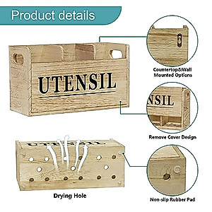 Large Rustic Kitchen Utensil Holder for Countertop, Farmhouse Wooden Utensil Holder for Kitchen Counter, 3 Compartment Rustic Cooking Utensil Holder, Kitchen Utensil Organizer Caddy for Home Decor