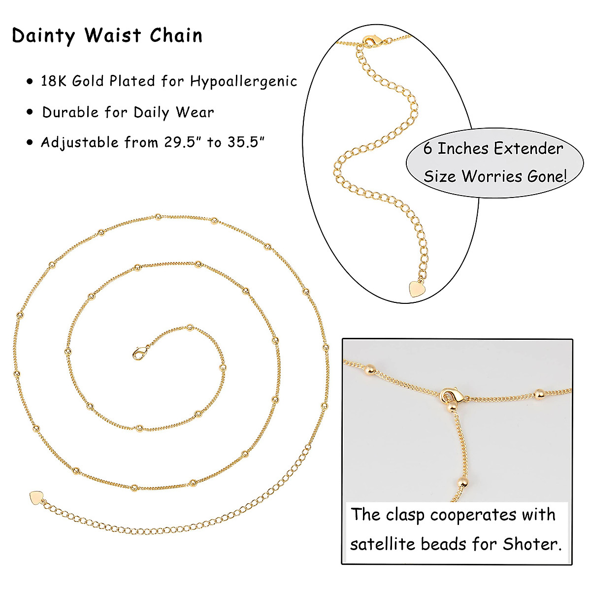 PEARLADA Minimalist Beach Bikini Body Chain 18K Gold Satellite Belly Chain Handmade Adjustable Jewelry for Women Girls Fashion Sexy Waist Chain