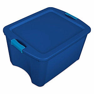Sterilite 18 Gal Latch and Carry, Stackable Storage Bin with Latching Lid, Plastic Tote Container to Organize Closets, Blue with Blue Lid, 6-Pack