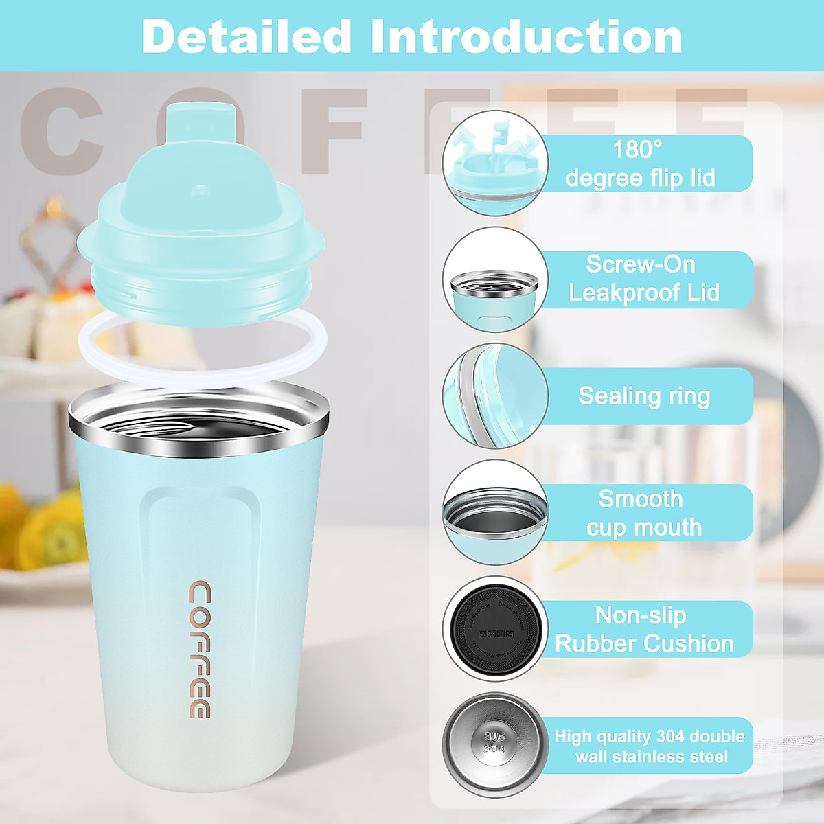 JTRYEMU Travel coffee mug 12 oz Insulated Coffee cup with lid reusable Leak proof Coffee Tumbler Stainless Steel Vacuum Gradient Colorful Thermos cup Thermal Keeps Cold and Hot for Coffee/Tea