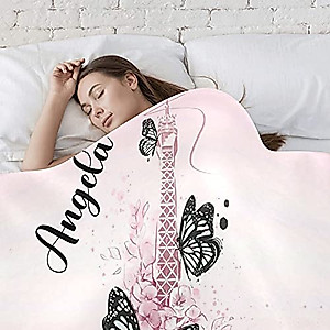 Butterfly and Eiffel Tower Personalized Name Soft Fleece Bed Blankets Throws as Birthday Wedding Gifts for Sofa Couch 50'' x 60''