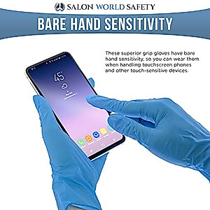 Salon World Safety Blue Nitrile Disposable Gloves, Box of 100, Size Medium, 3.5 Mil - Latex Free, Textured, Food Safe