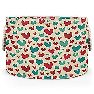 Cute Hearts Large Round Baskets for Storage Laundry Baskets with Handles Blanket Storage Basket for Bathroom Shelves Bins for Organizing Nursery Hamper Girl Boy