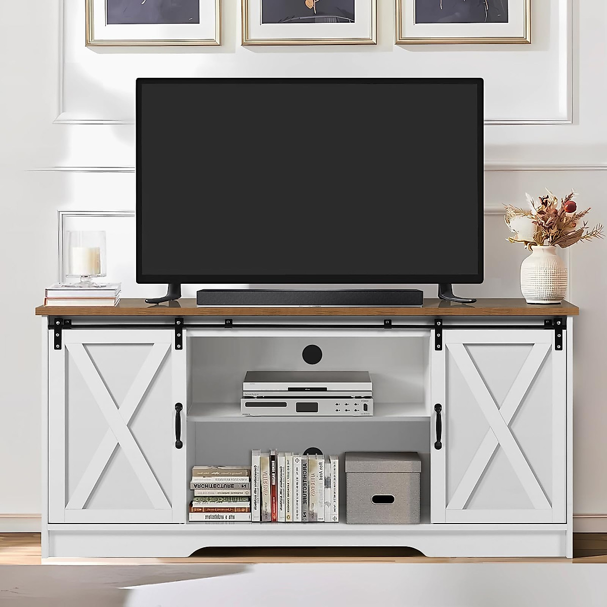 4 EVER WINNER White TV Stand for 65 Inch TV, 58" Farmhouse Entertainment Center with Sliding Barn Doors for Televisions up to 65+ Inch, TV Stand 65 Inch with Adjustable Shelf for Living Room
