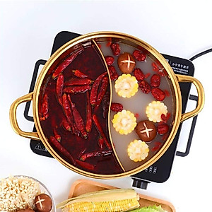 Color ME! 12 Inch 18/8 Stainless Steel Shabu Shabu Hot Pot with Divider Color Me Chinese Induction Shabu Shabu Pot with Glass Lid Dual Sided Stockpots (Gold)