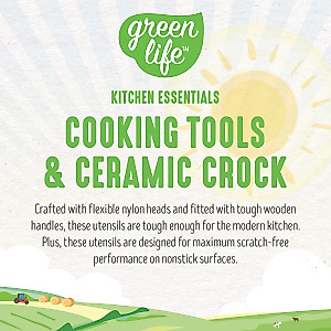 GreenLife Cooking Tools and Utensils, 7 Piece Nylon and Wood Kitchen Set with Ceramic Crock Holder, Heat Resistant Spatula and Spoons, BPA-Free, Black