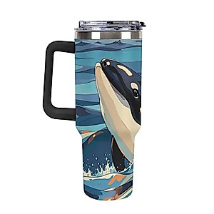 STVNKML 40 Oz Tumbler with Handle Orca Killer Whale Print Stainless Steel Coffee Mug Reusable Travel Mug Leak-proof Insulated Car Cup Large Capacity Tumbler for Travel, Outdoor, Home Use (Black)