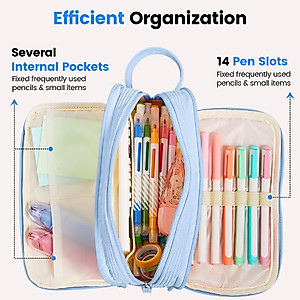 Sooez High Capacity Pencil Case, Soft Corduroy Pencil Pouch with 4 Compartments, Multiple Pockets, Large Pencil Bag with Sturdy Zipper, Cute Pencil Case Pouch Organizer for Student Teen Girls, Blue