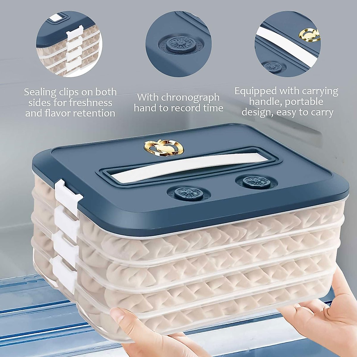 Qivine Dumpling Storage Box,4 Layer Dumpling Keeper Food Storage Containers with Lid for Fridge Stackable Cookie Container Airtight Cookie Storage Carrier with Time Recoder