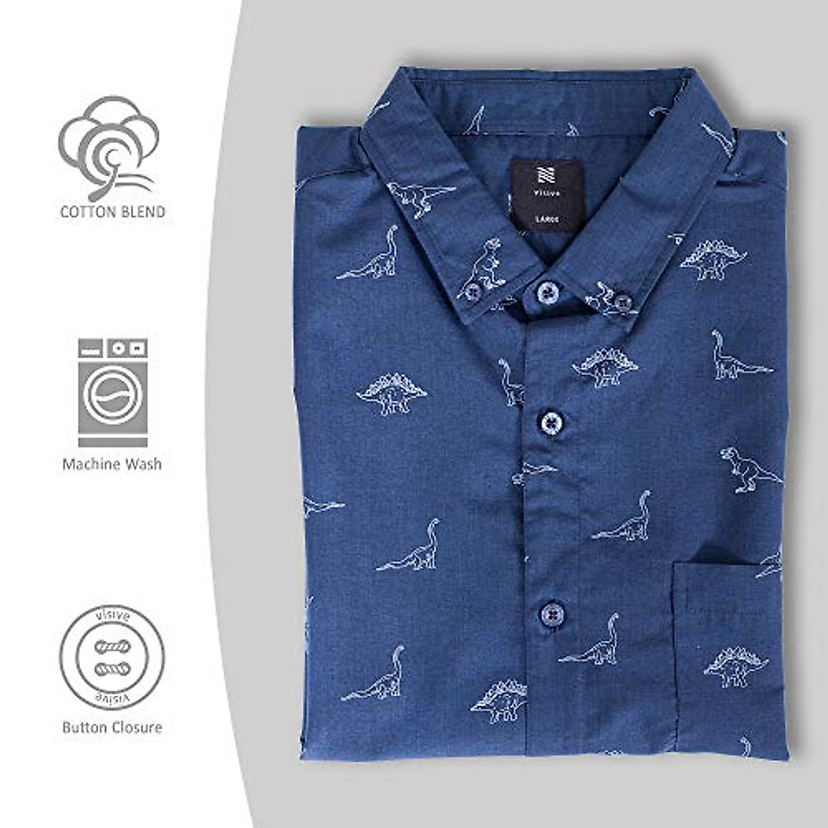 Visive Men's Summers, Short Sleeve Button Down Shirts, Regular Fit Soft & Breathable Mens Shirts Navy Dino L