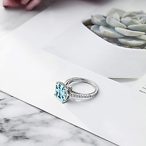 Gem Stone King 925 Sterling Silver Sky Blue Topaz and White Created Sapphire Ring For Women (4.52 Cttw, Cushion 10MM, Available in size 5, 6, 7, 8, 9)