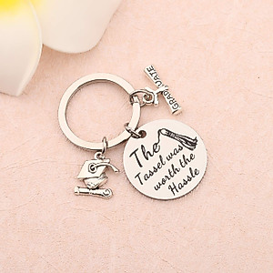 FUSTMW Graduation Gift Keychain The Tassel Was Worth the Hassle Graduation Jewelry College Graduation Gift with Grad Cap Charm (silver)