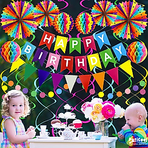 PatiCool Happy Birthday Party Decorations Pack with Rainbow Happy Birthday Banner, Honeycomb Balls, Circle Dot Garland, Paper Bunting Banner, Paper Fans and Hanging Swirls Streamers