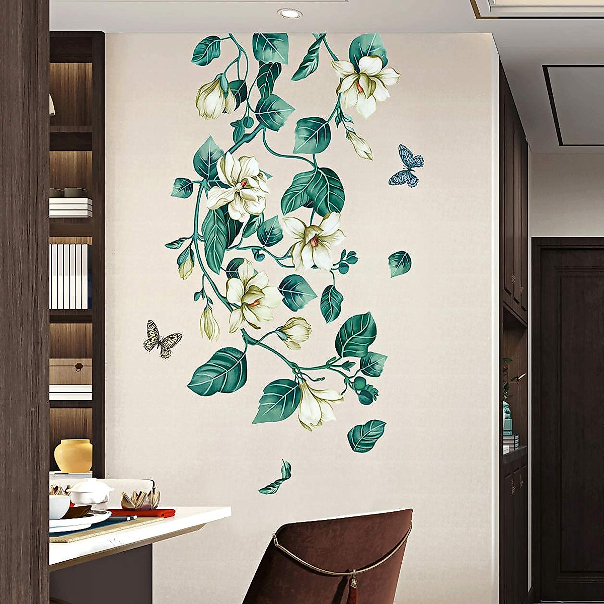 LiveGallery Removable Vinyl Fresh Green Leaf and White Flower Wall Sticker Murals Kids Girls Bedroom Nursery Rooms Wall Decals 3D Peel and Stick Decor for Home Living Room Offices Wall Corner
