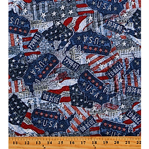 Cotton United States of America Patriotic Denim-Look USA American Flags Route 66 Cotton Fabric Print by The Yard (USA-C8793-USA)