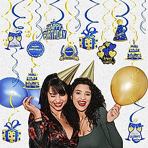 Blue and Gold Birthday Hanging Swirl Decorations(Real Glitter), Happy Birthday Party Decoration Blue Gold Ceilling Party Decorations Supplies for Her Him