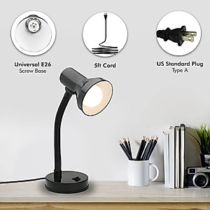 Xtricity Gooseneck Desk Lamps with Adjustable Gooseneck Arm, Metal Desk Lamp with 7W A19 LED Bulb, 120 Volt, Convenient On/Off Switch, 14" Inch Tall (36cm), Black Finish