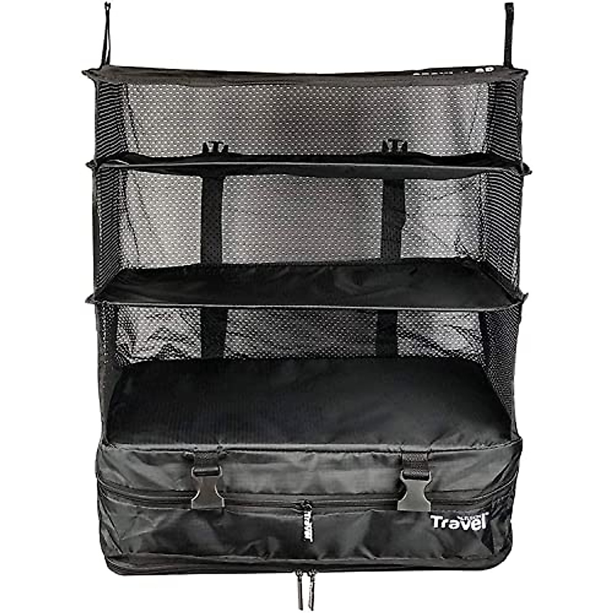 Grand Fusion Housewares Stow-N-Go Luggage and Travel Organizer, Travel Essentials, Hanging Packing Cubes With Hanging Shelves And Laundry Storage Compartment, Black