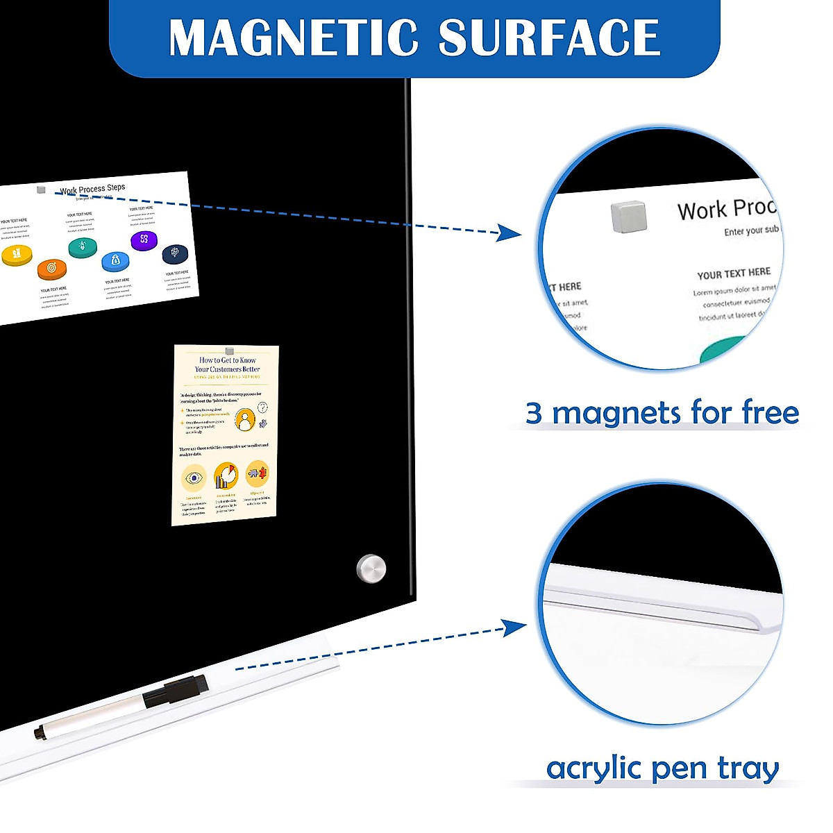 QUEENLINK Black Dry Erase Board, 4' x 3' Magnetic Glass Whiteboard for Wall,48" x 36" Large Black Glass Magnetic Board with 1 Marker Tray and 3 Magnets for Office, Home, Classroom