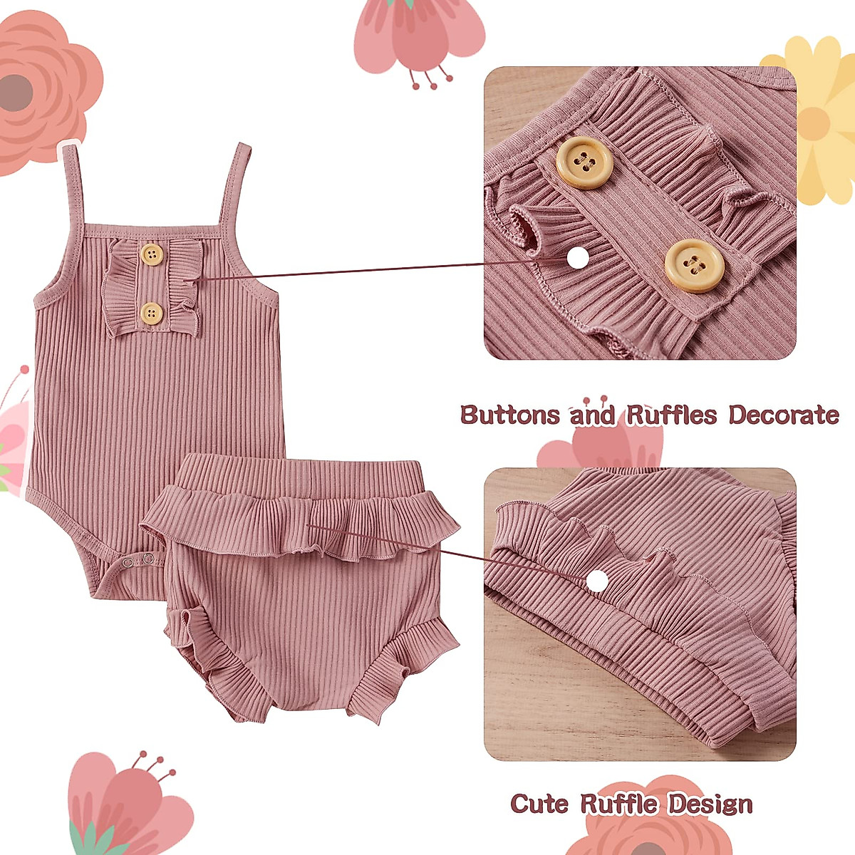 Dimoybabe Baby Girl Summer Clothes Bloomer Knit Cotton Outfits Infant Romper Strap Sleeveless Ruffle Light Pink 3-6 Months 80CM