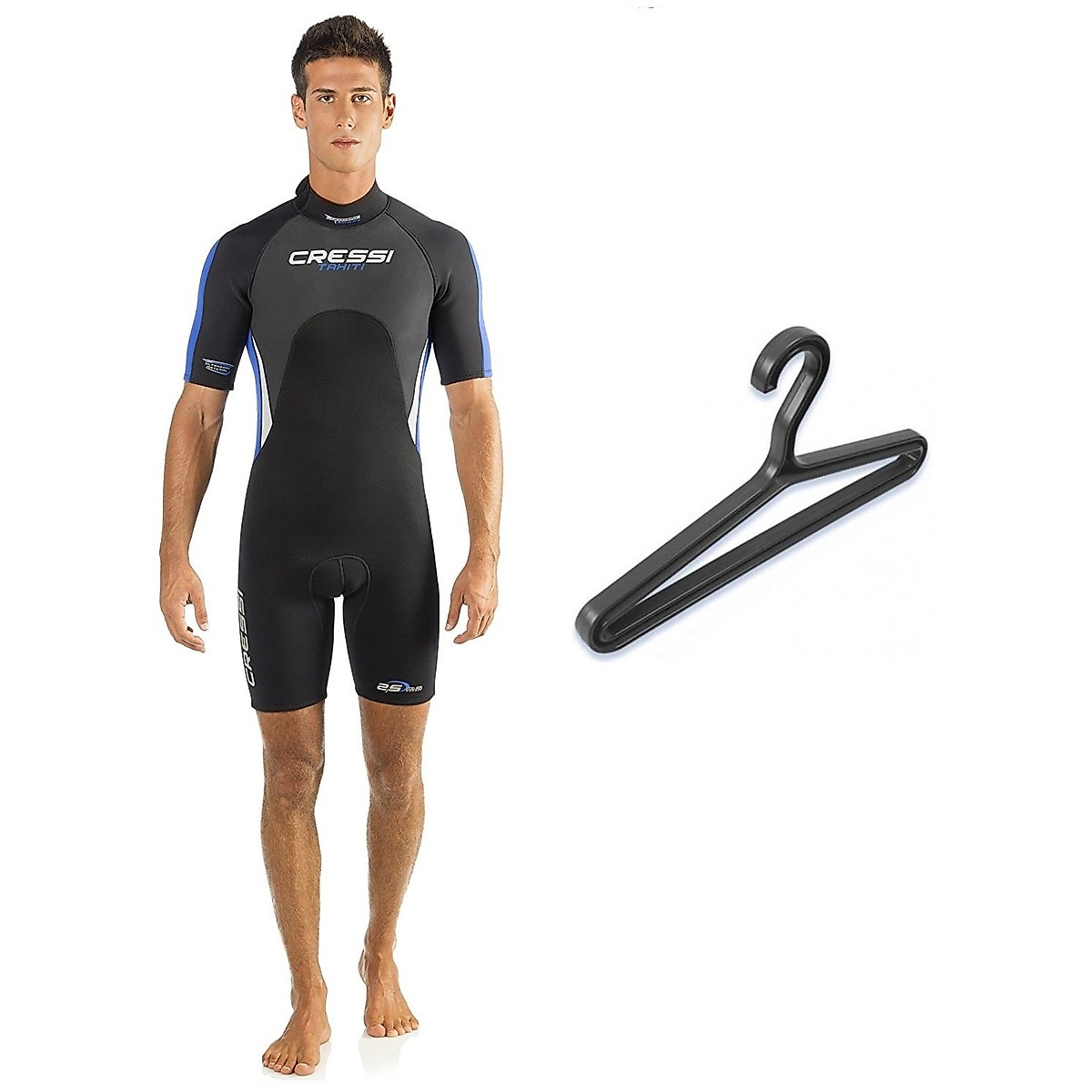 Cressi Men's Tahiti 2.5mm Shorty Suit with Wetsuit Hanger, Black/Blue, Large/4