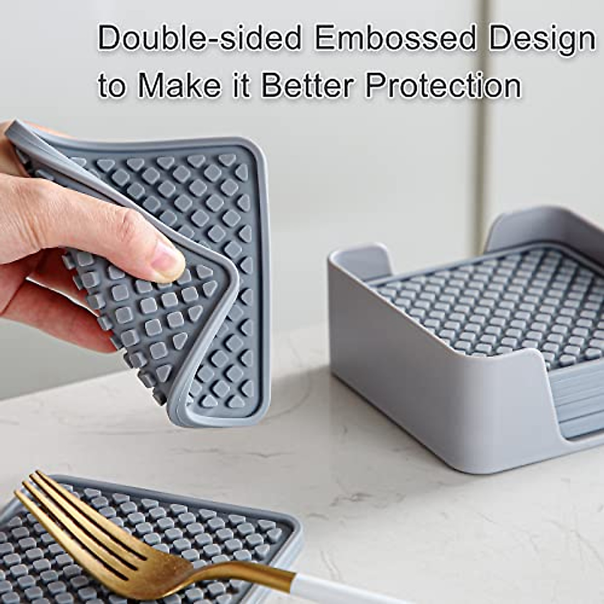 Colinda Silicone Drink Coasters with Holder, Set of 6, for Tabletop Protection and Office Desk, Cup Mat Set for Home Decor, Non-Slip and Non-Stick,Square, 4 Inch,Turquoise